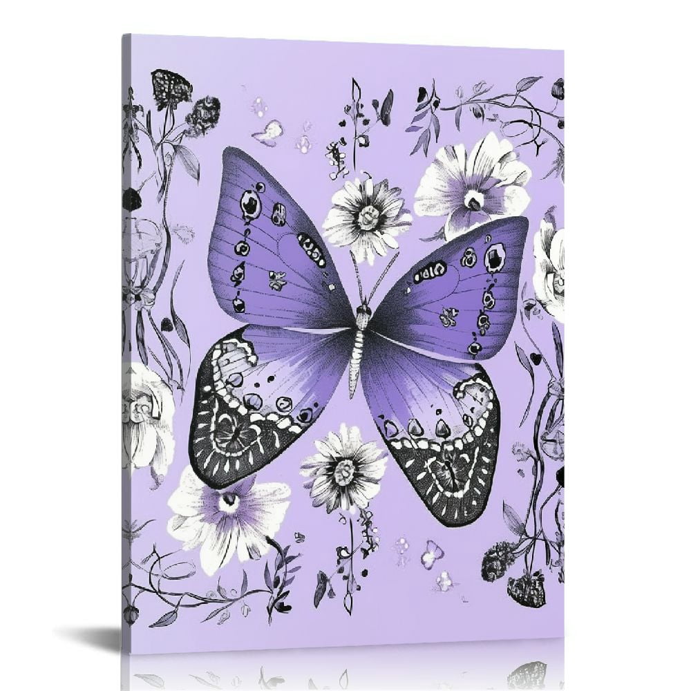 Alepadnf Butterflies Flowers Purple Rustic Canvas Wall Decor Art ...