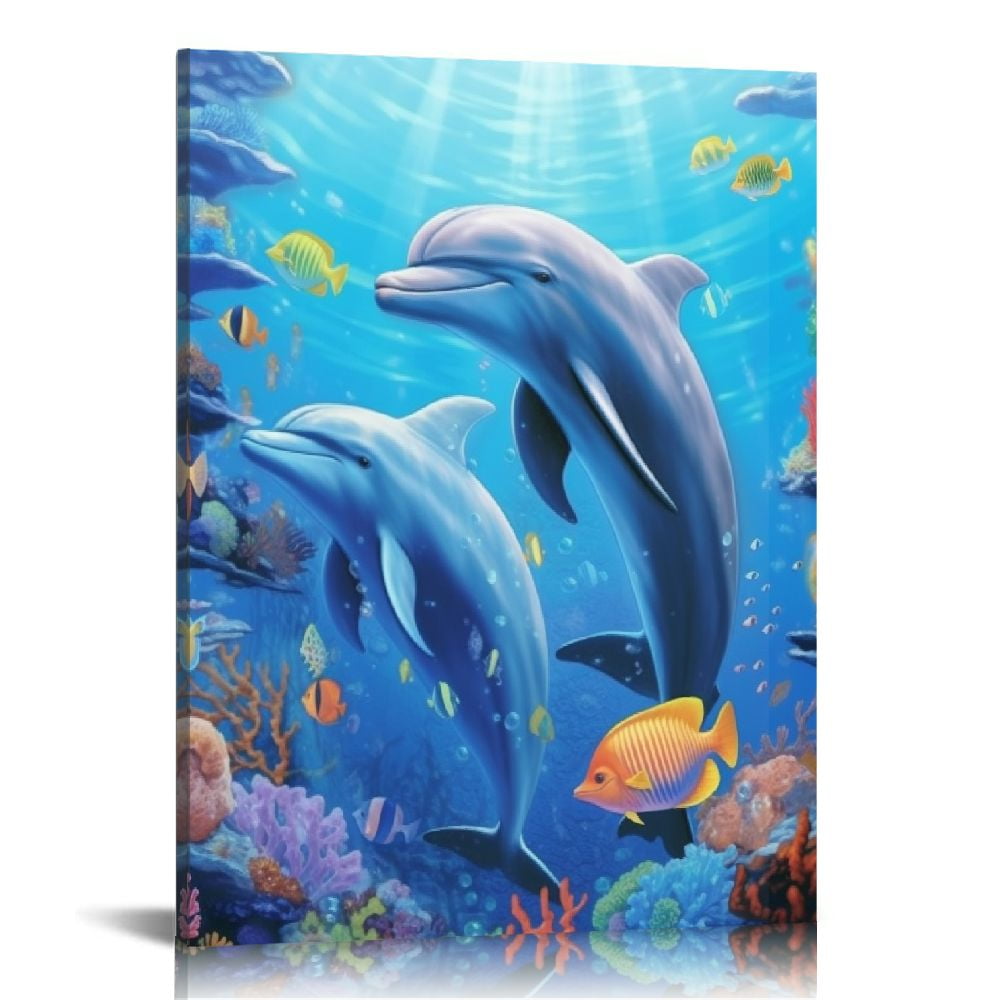 Alepadnf Dolphins Fish Coral Reef Wall Art Print Canvas Living Room ...
