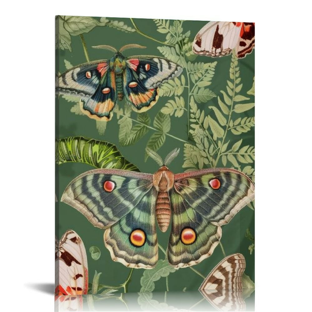 Alepadnf Moths Green Plant Flowers Rustic Canvas Wall Decor Art Hanging ...