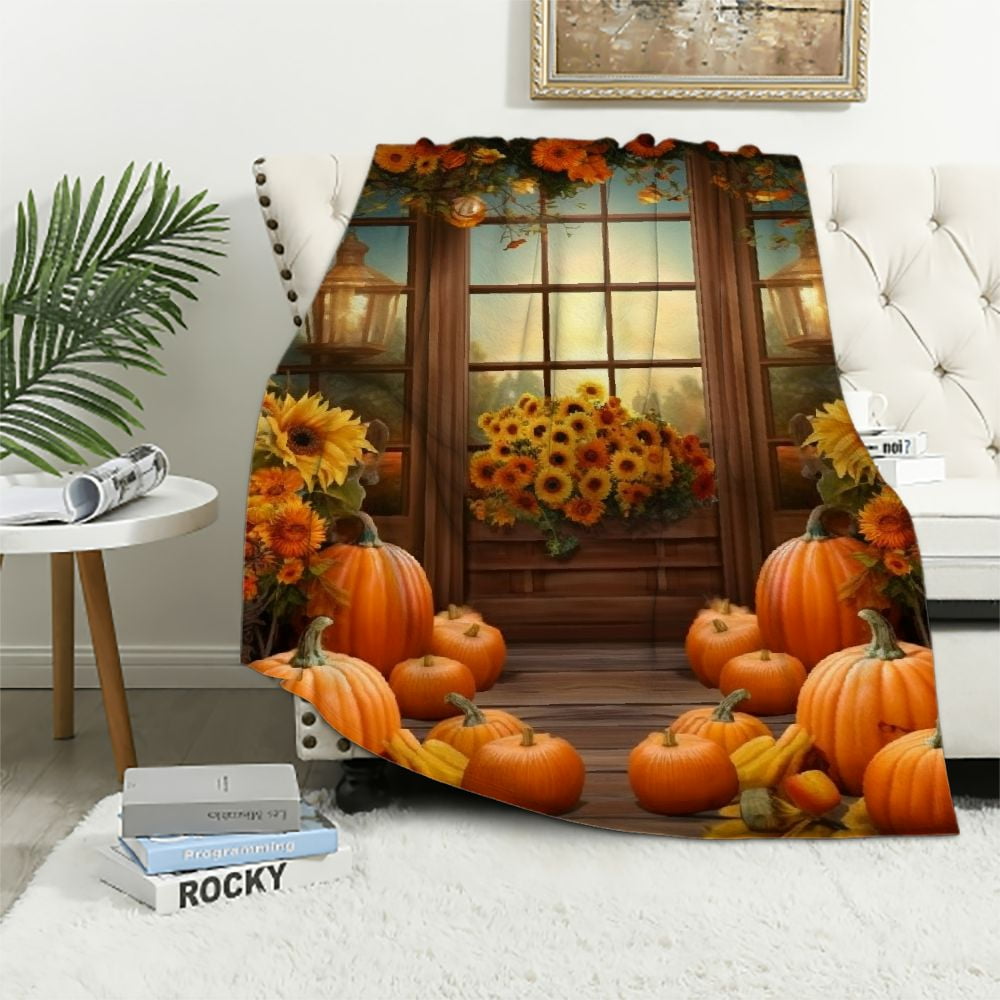 Alepadnf Pumpkins Sunflowers Autumn Flannel Throw Blanket for Couch ...