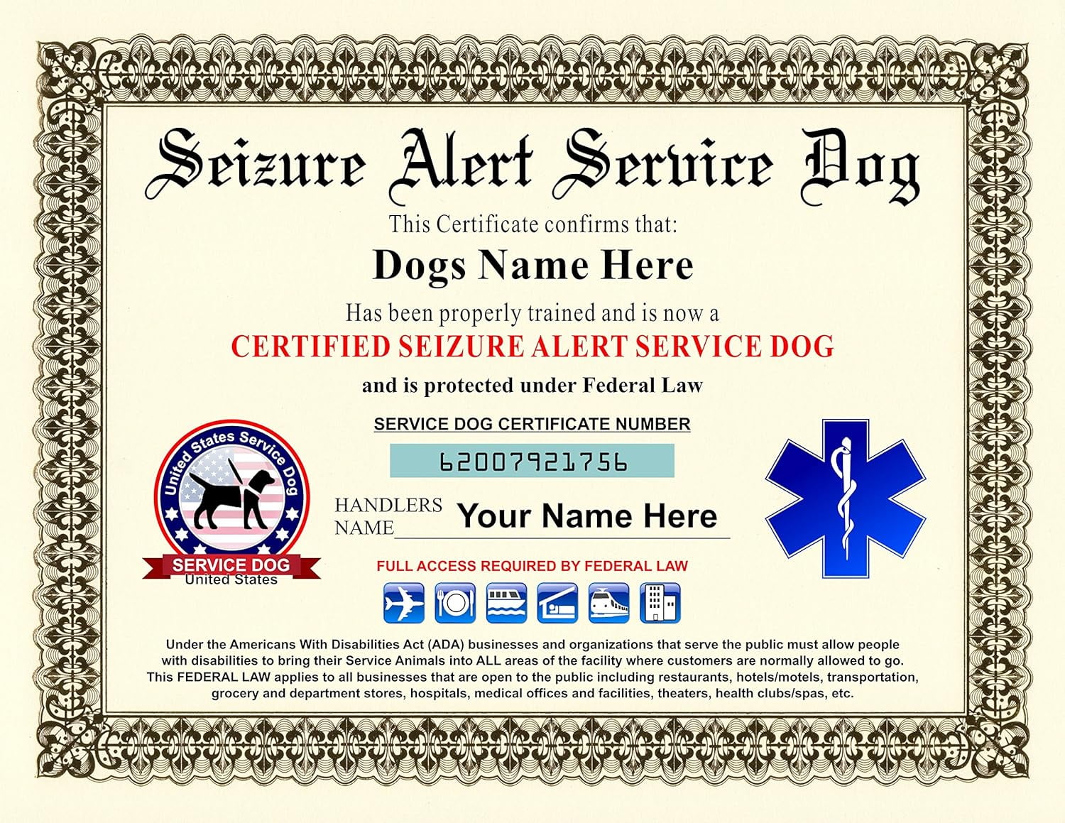 Alert Service Dog Certificate - Customizable with Dogs/Handlers Name ...