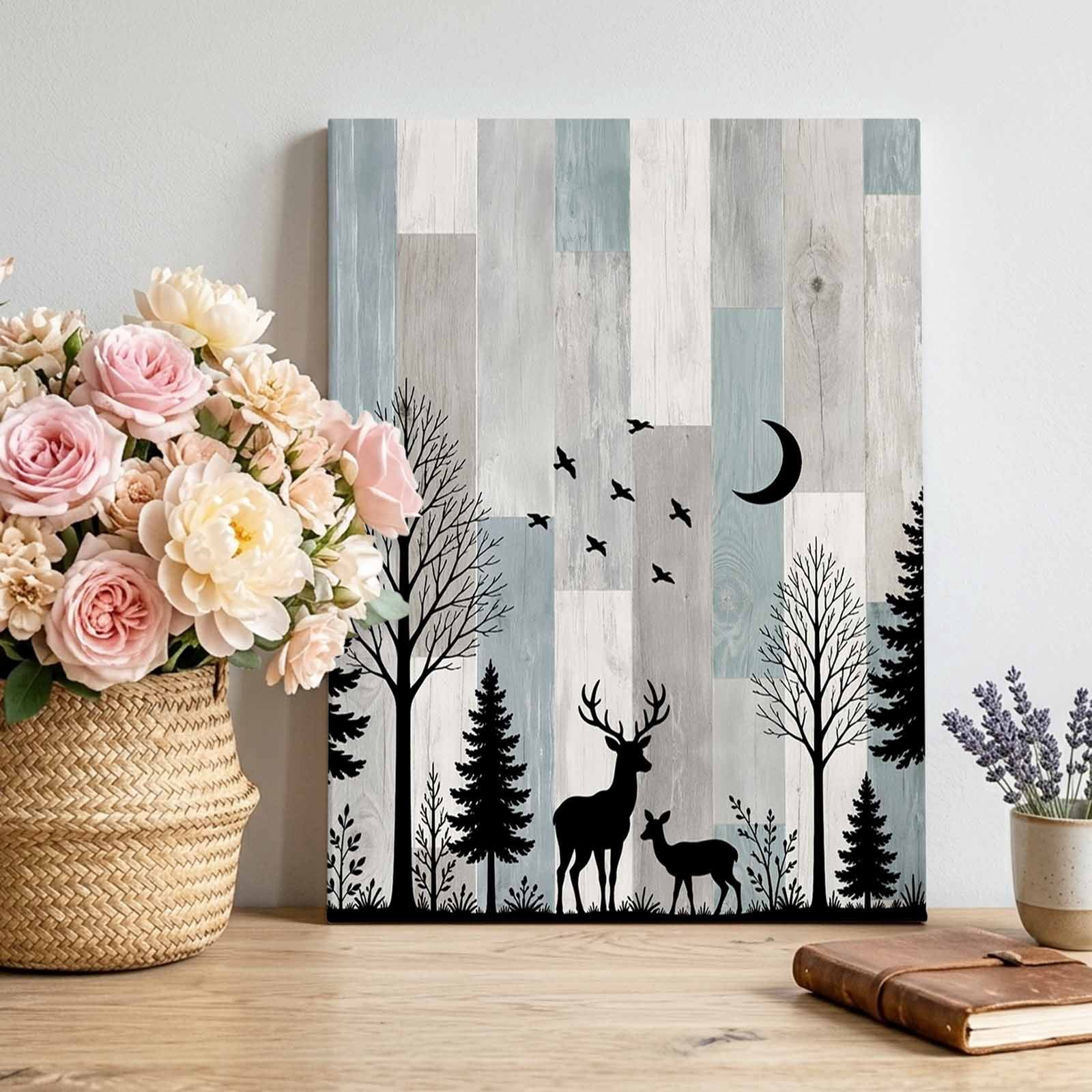 Alert Stag Silhouette Canvas Wall Art for Living Room, Dark Forest Pine ...