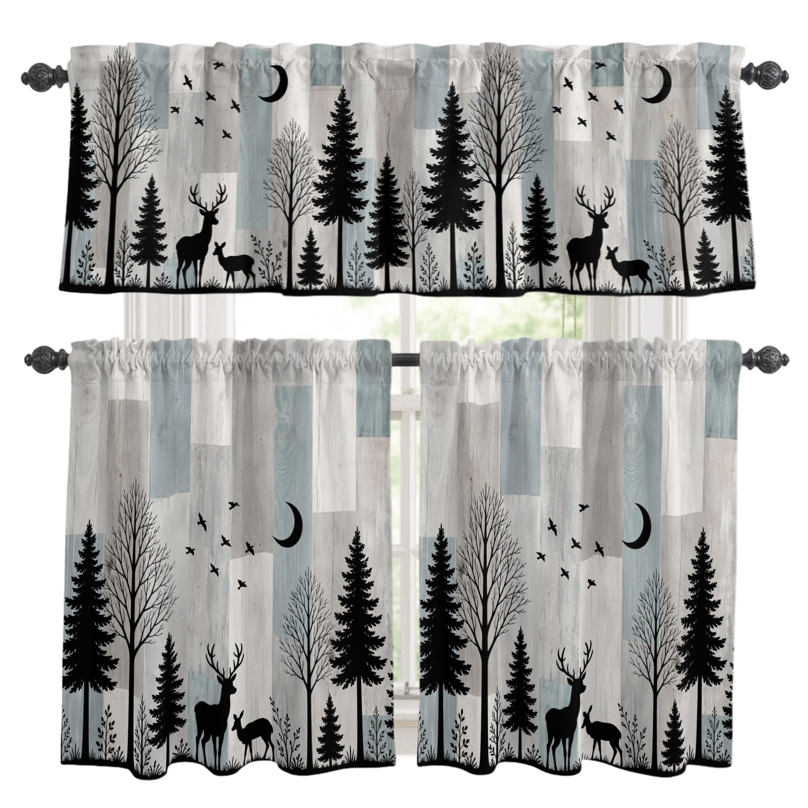 Alert Stag Silhouette Kitchen Curtains and Valances Set, Dark Forest ...