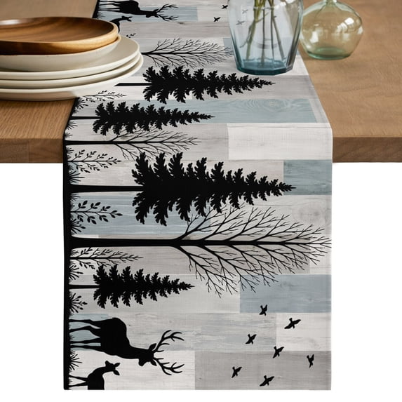 Alert Stag Silhouette Table Runner, Dark Forest Pine Tree Ash Gray Wood ...