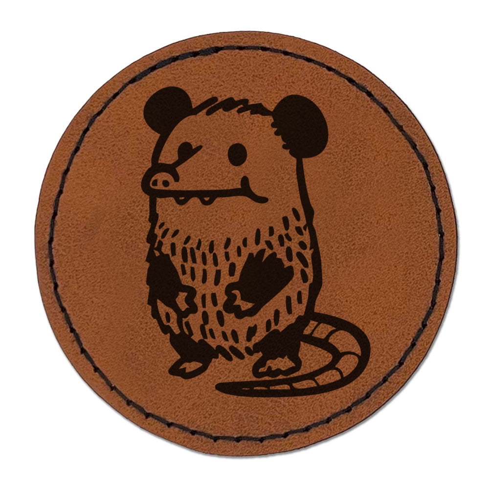 Alert Standing Baby Opossum Cute Round Iron-On Engraved Faux Leather ...