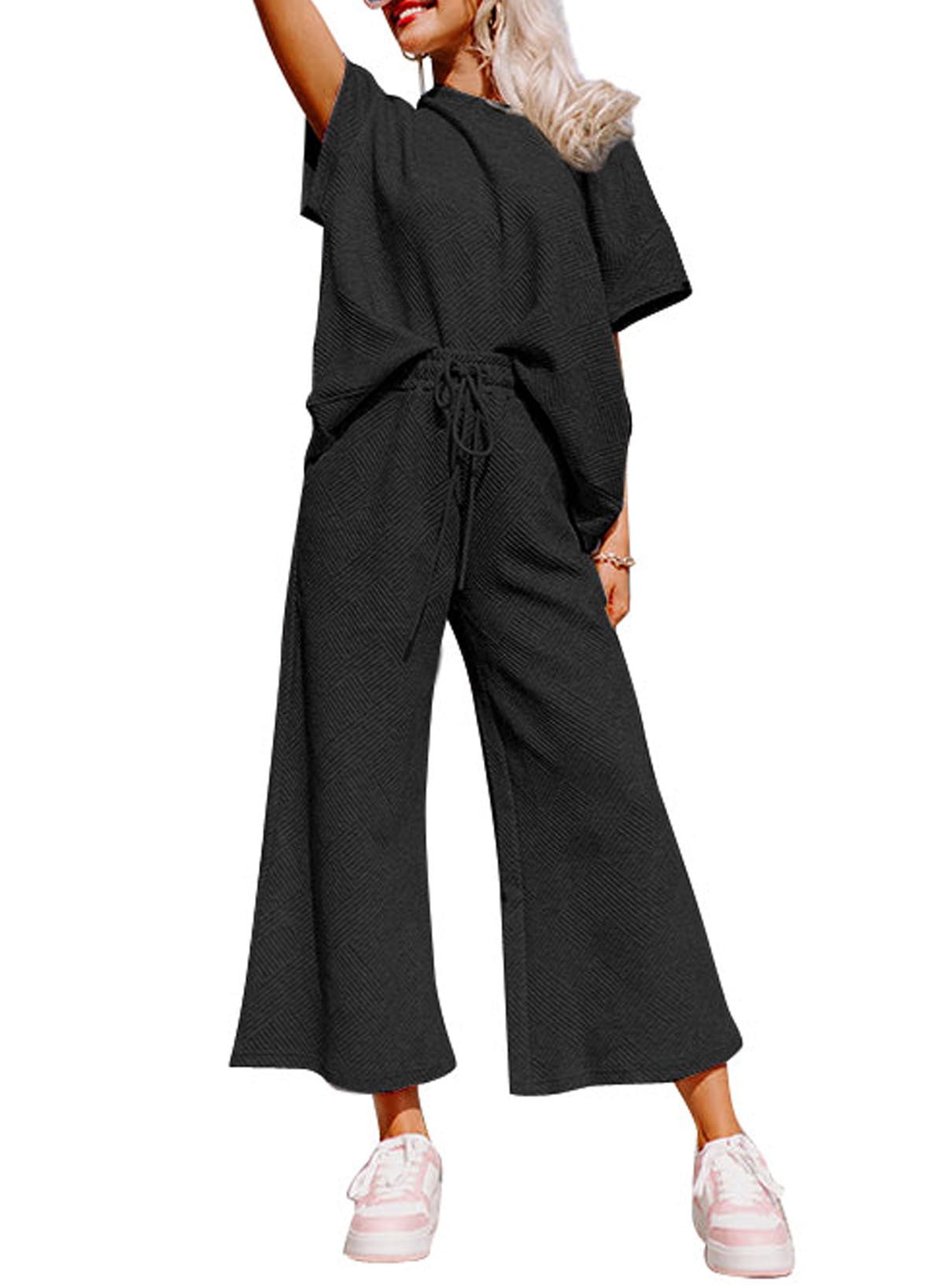 Aleumdr Two Piece Outfits for Women Textured Short Sleeve Tops and ...