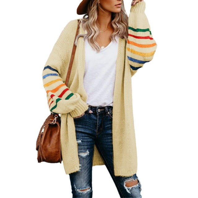Aleumdr Plus Size Cardigan for Women Long Stripe Knit Beige Open Front ...