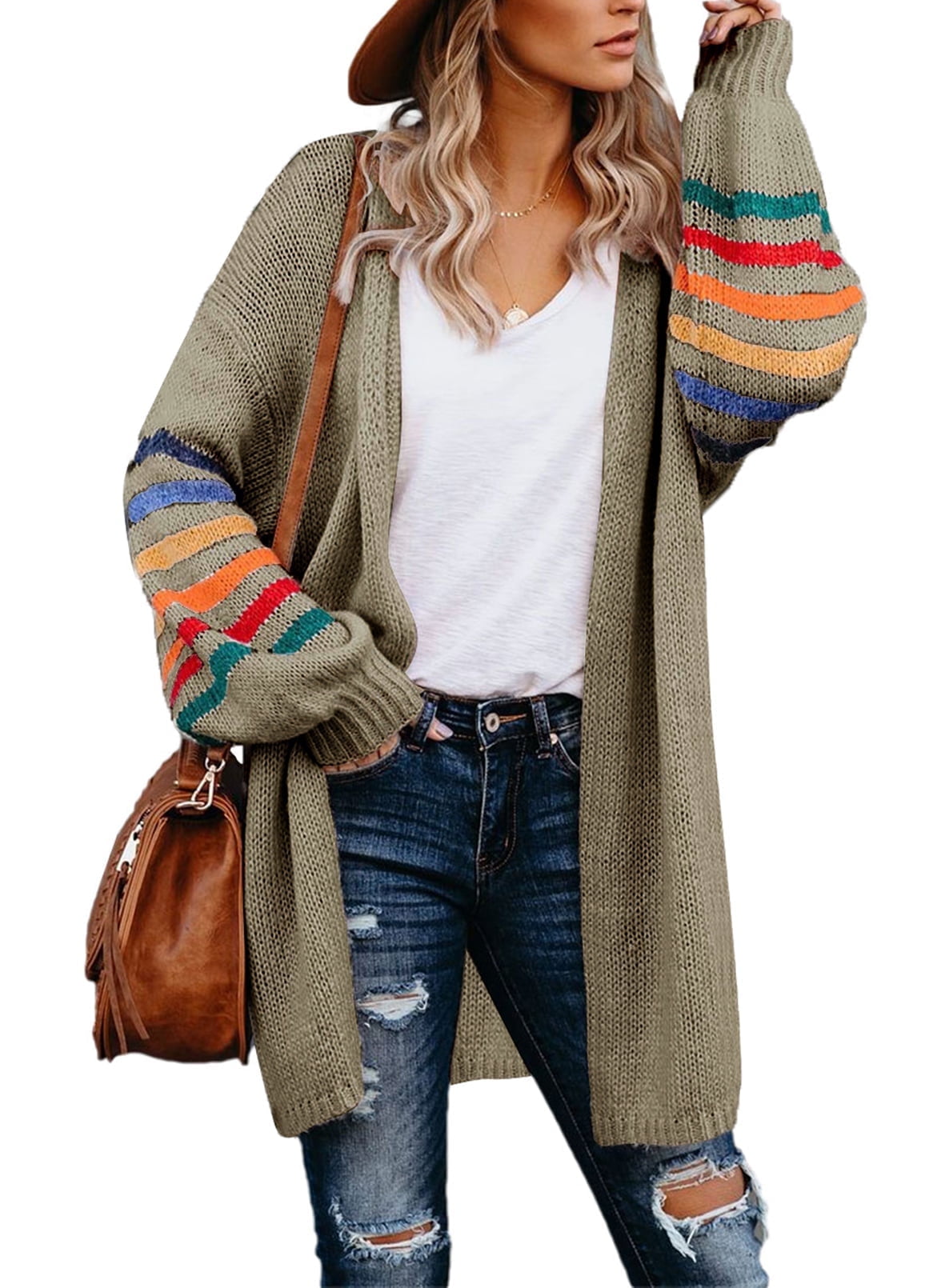 Aleumdr Plus Size Cardigan for Women Long Stripe Knit Open Front ...