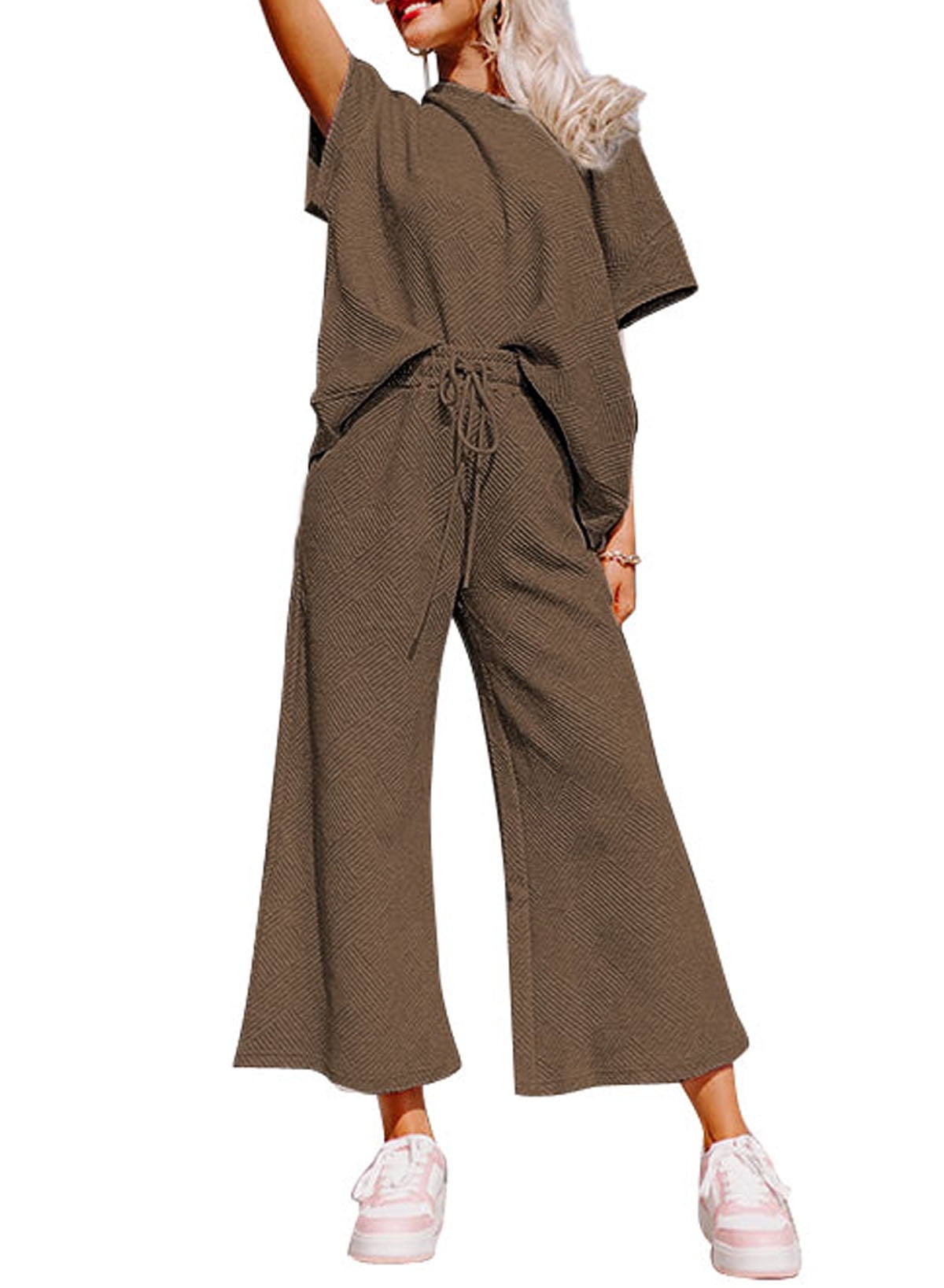 Aleumdr Two Piece Outfits for Women Textured Short Sleeve Tops and ...