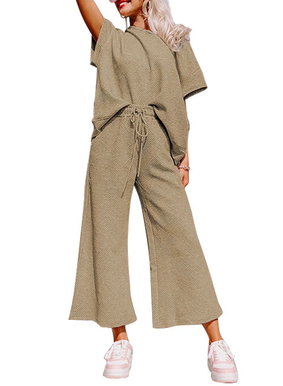 Aleumdr Two Piece Outfits for Women Textured Short Sleeve Tops and ...
