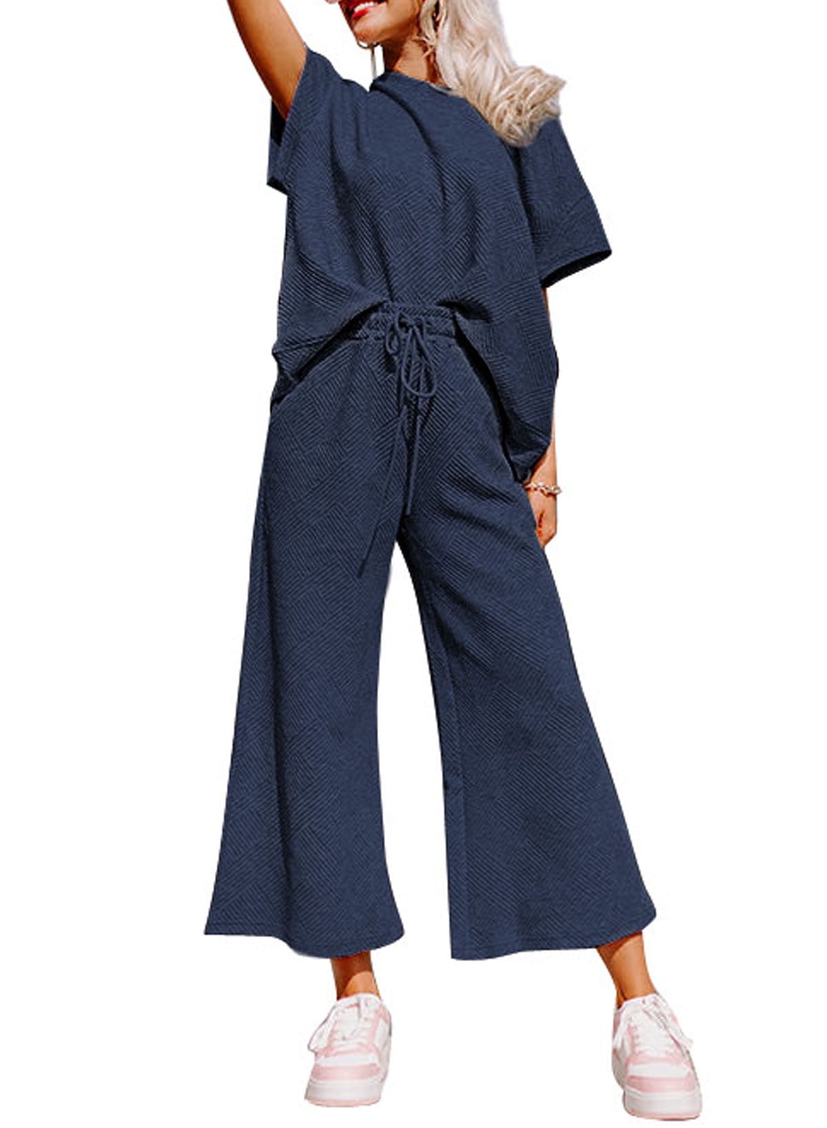 Aleumdr Women's Summer Lounge Set, Textured Short Sleeve Top and Bottom ...