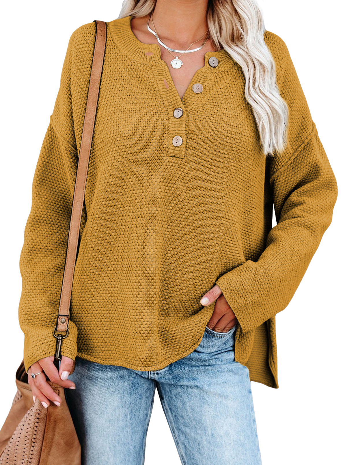 Aleumdr Women Button Neck Sweater Long Sleeve Chunky Oversized Fall ...