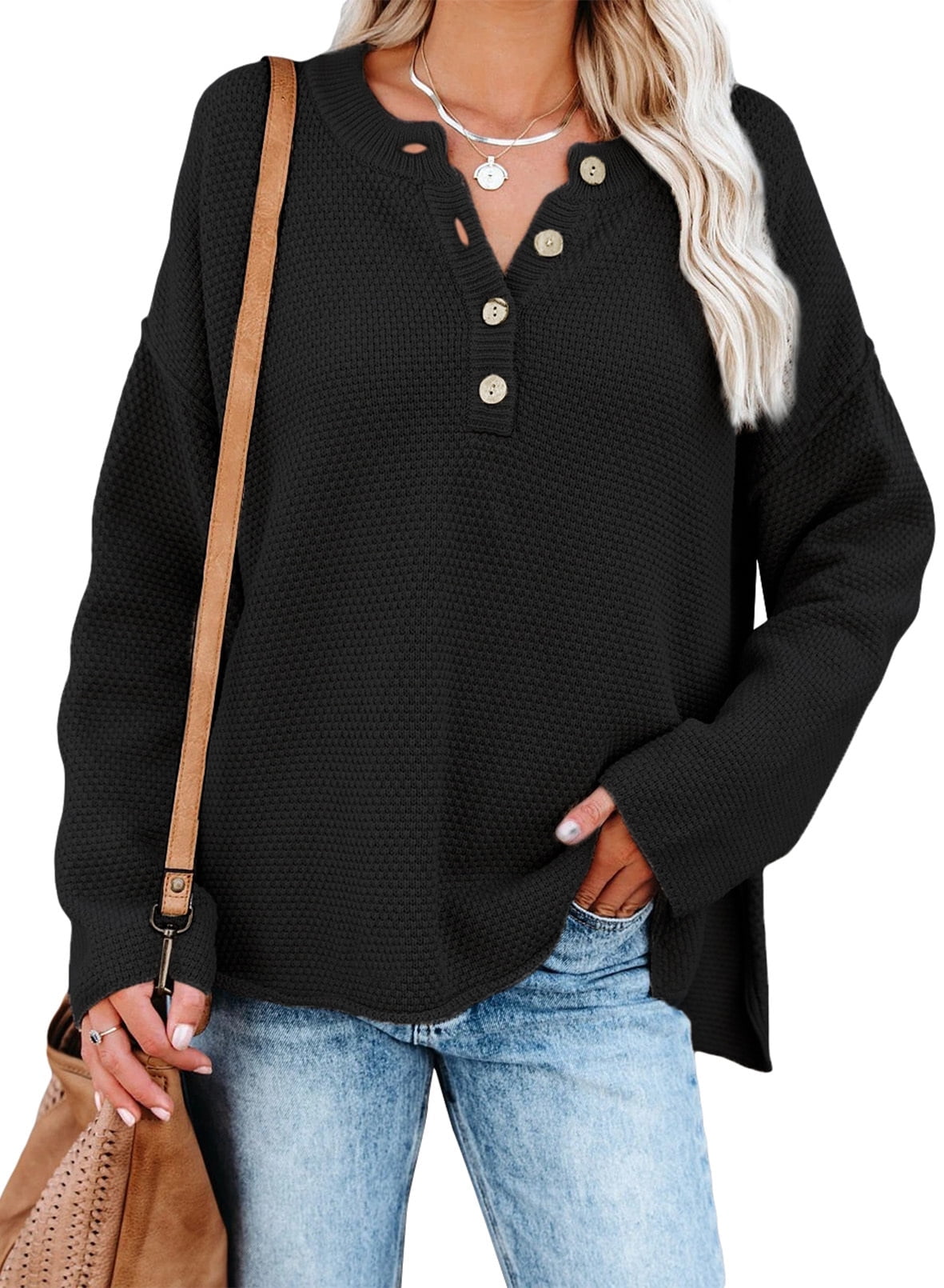 Aleumdr Women Button Neck Sweater Long Sleeve Oversized Fall Tunic ...