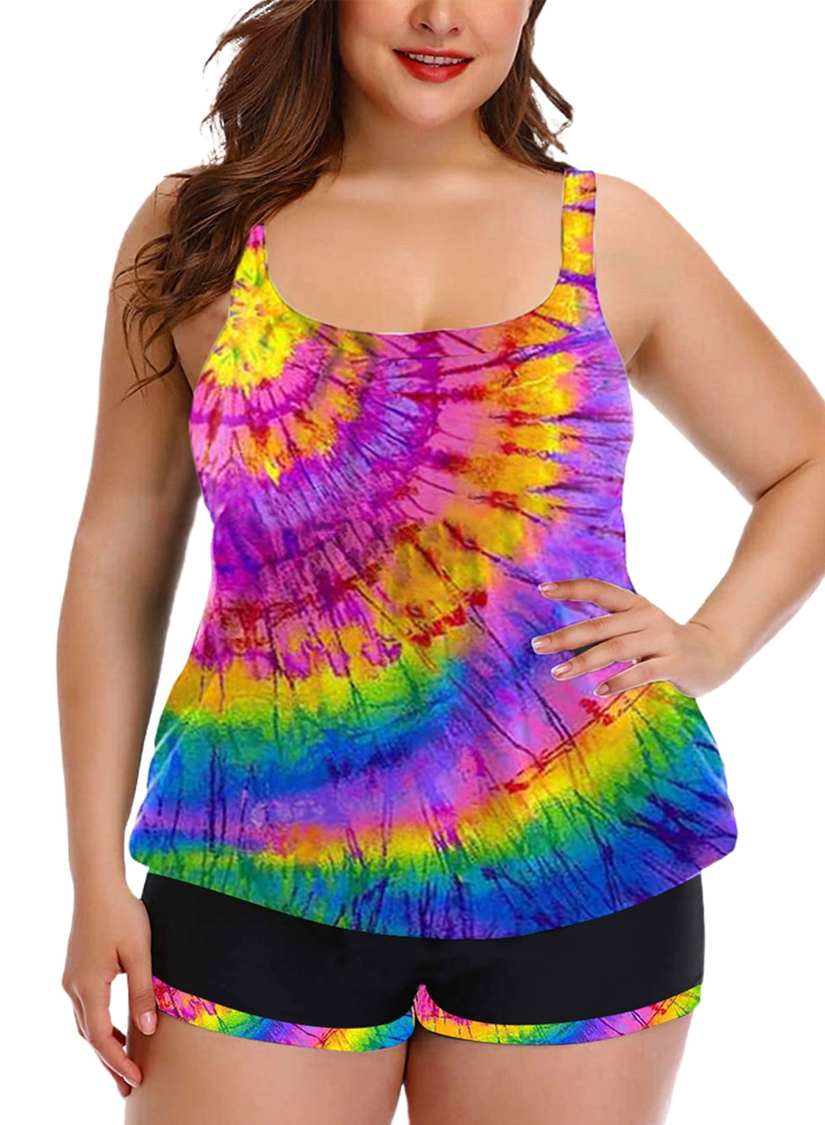 Aleumdr Women Tie Dye Plus Size Tankinis Swimsuit Colorful Scoop Neck