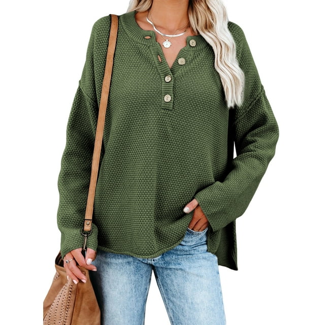 Aleumdr Women Button Neck Sweater Long Sleeve Chunky Oversized Fall
