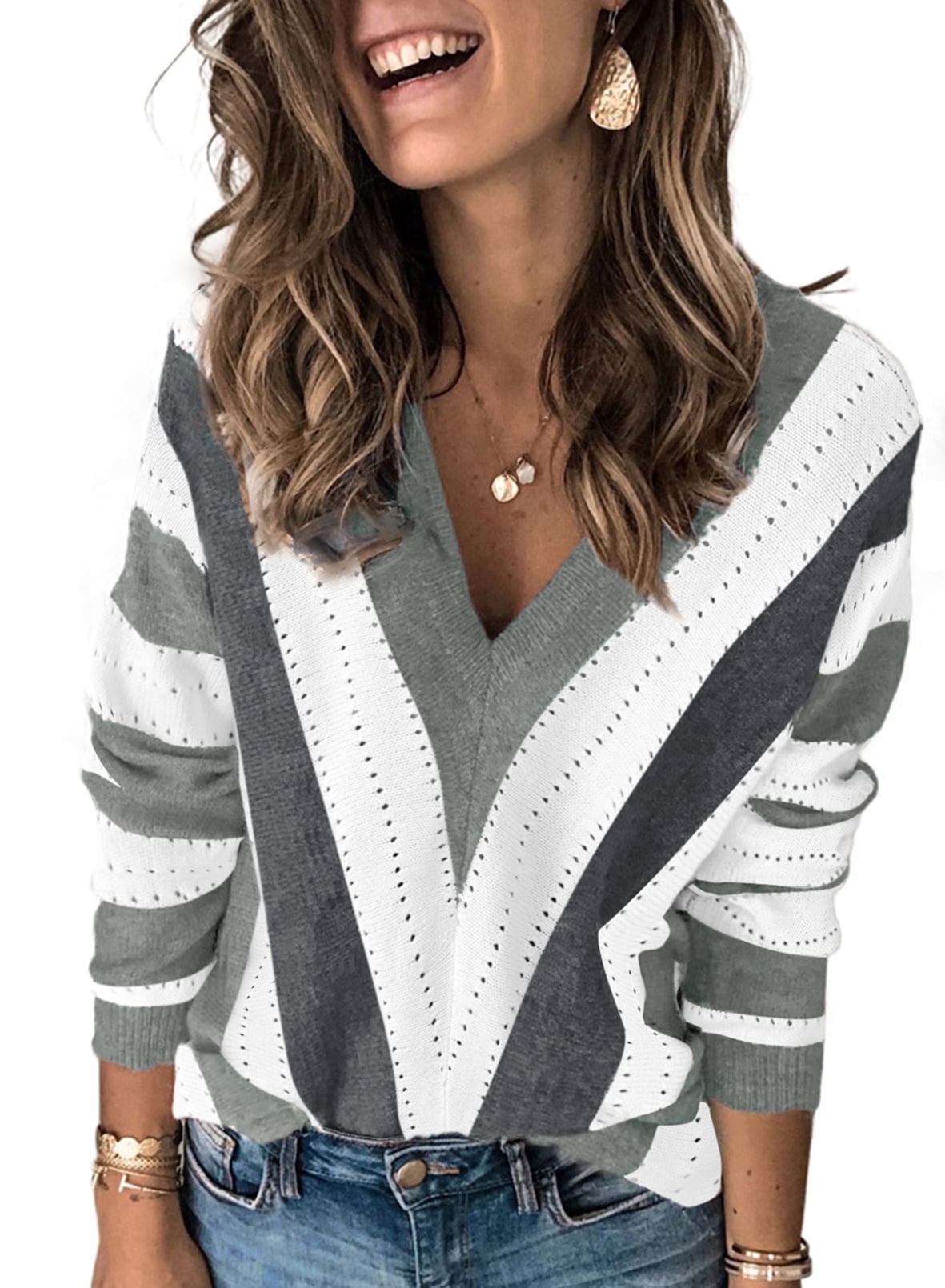 Aleumdr Women's Dark Gray Sweater Tops Stripe Knit V Neck Long Sleeve ...