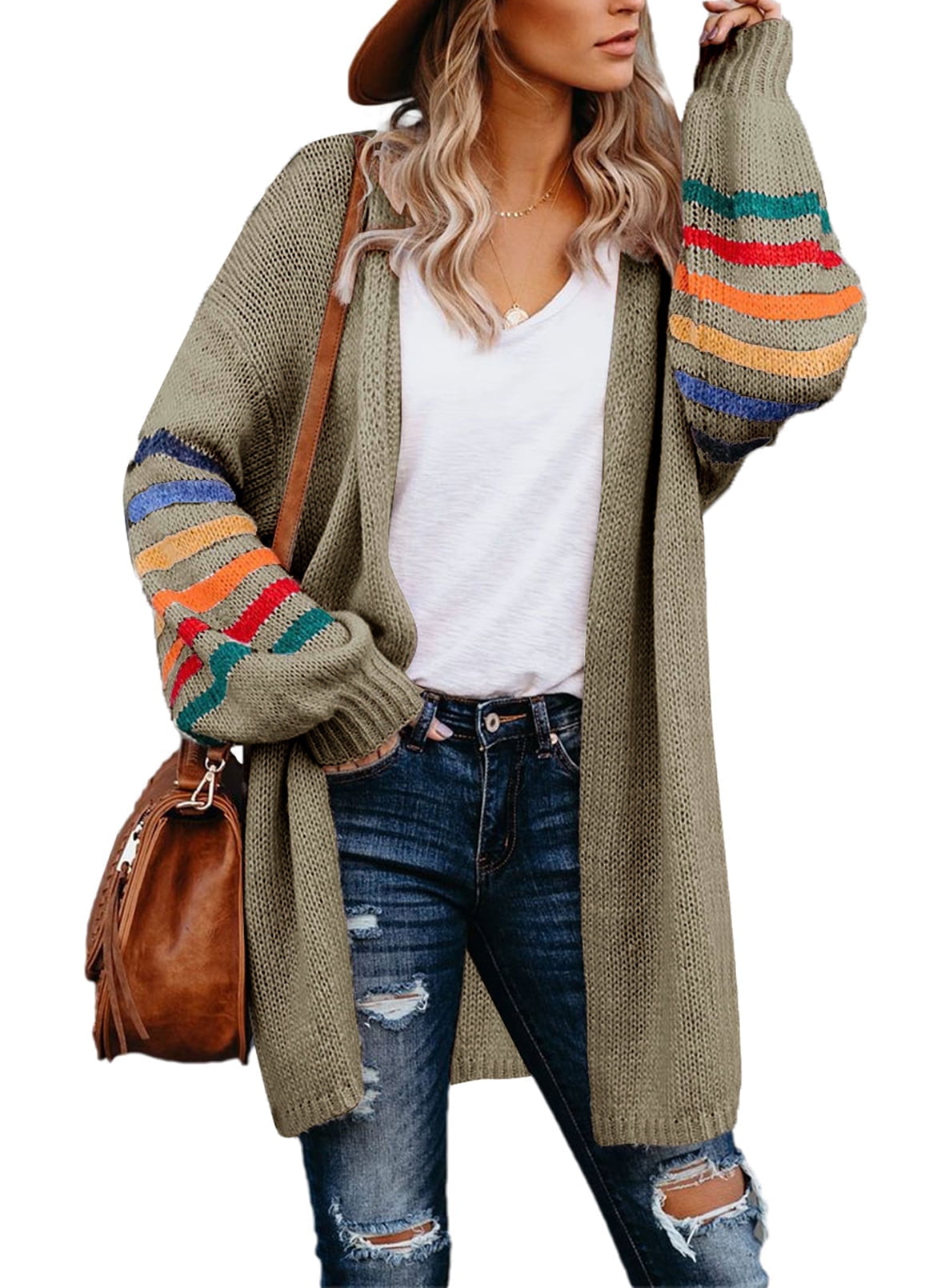 Aleumdr Women's Open Front Cardigan Batwing Long Stripe Knit Khaki ...