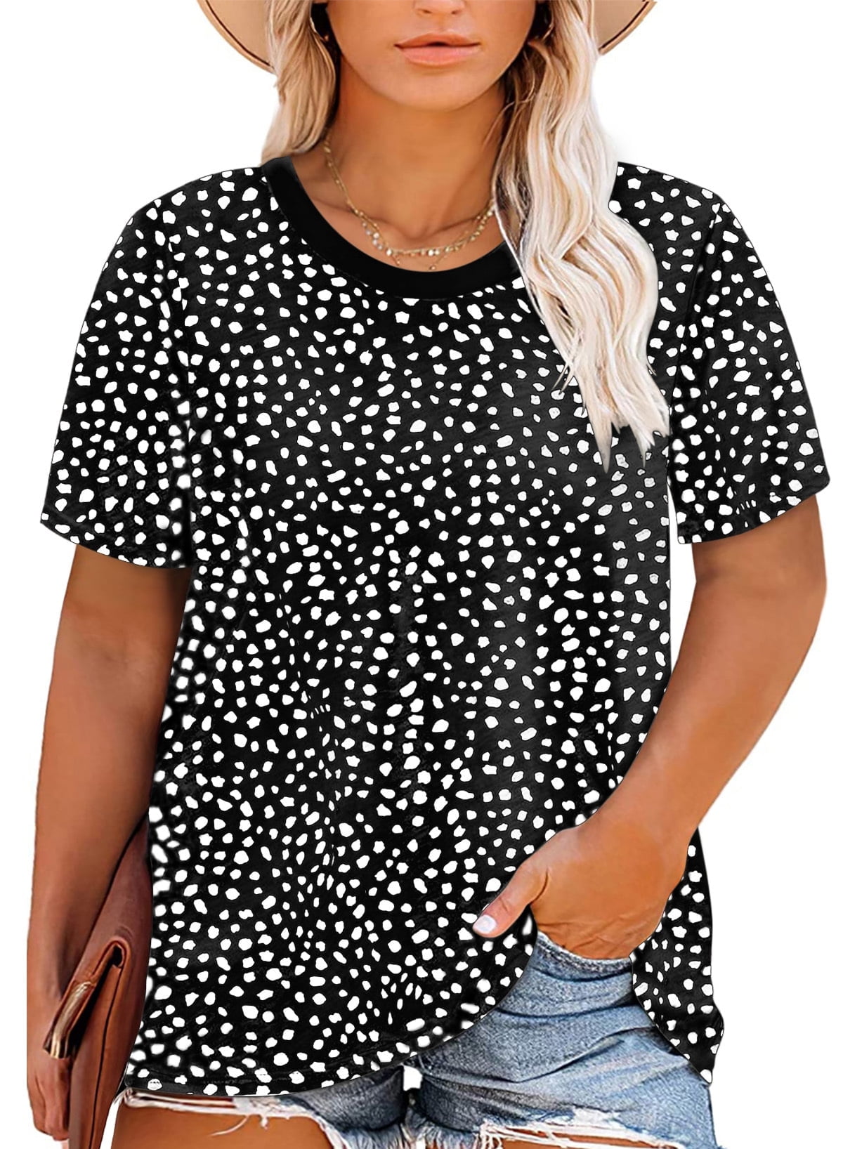 Aleumdr Women's Plus Size Summer Tops Crew Neck Polka Dot Fashion Loose ...