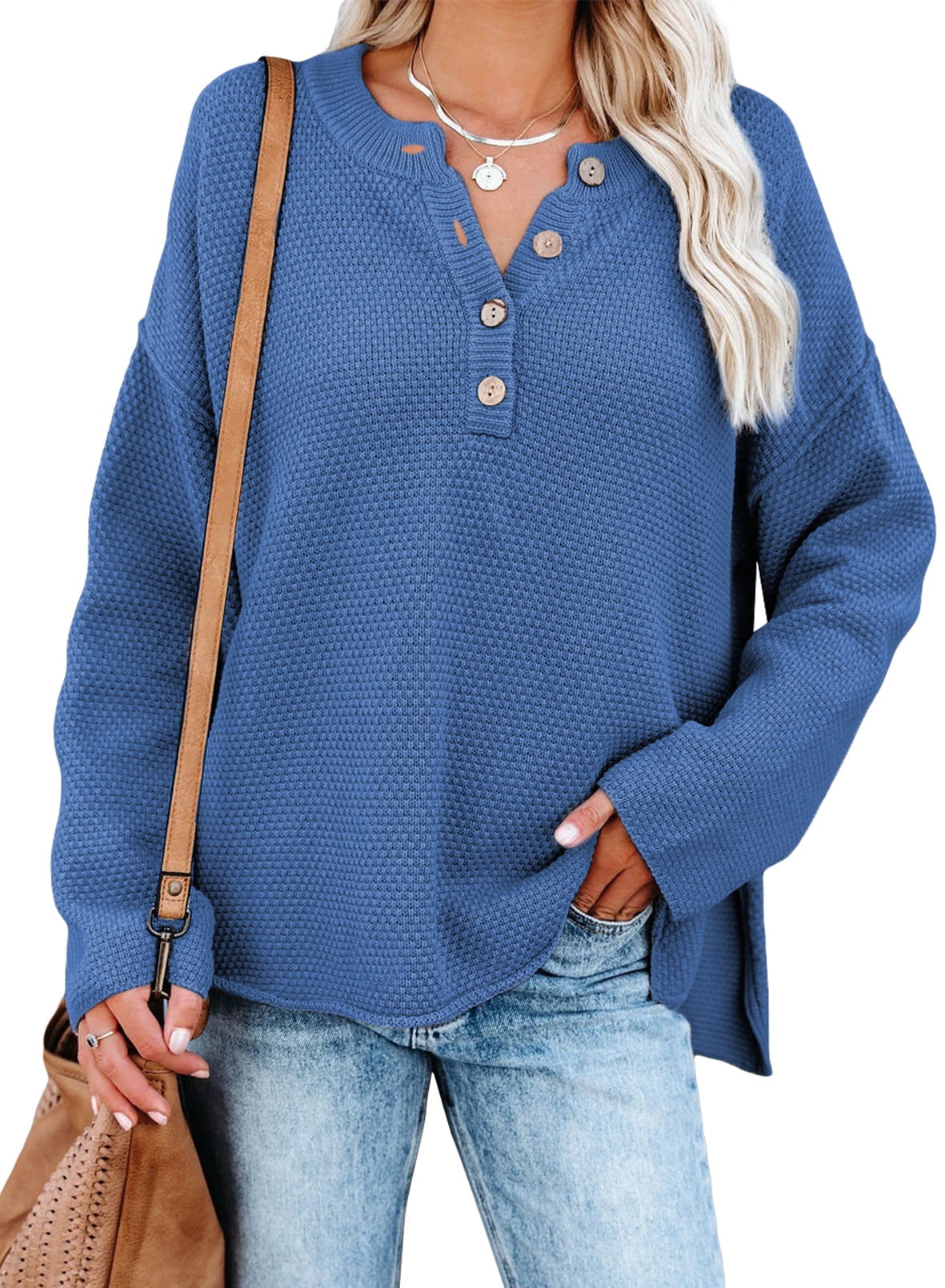 Aleumdr Womens Stylish Casual Sweaters, Black V Neck Button Long Sleeve ...