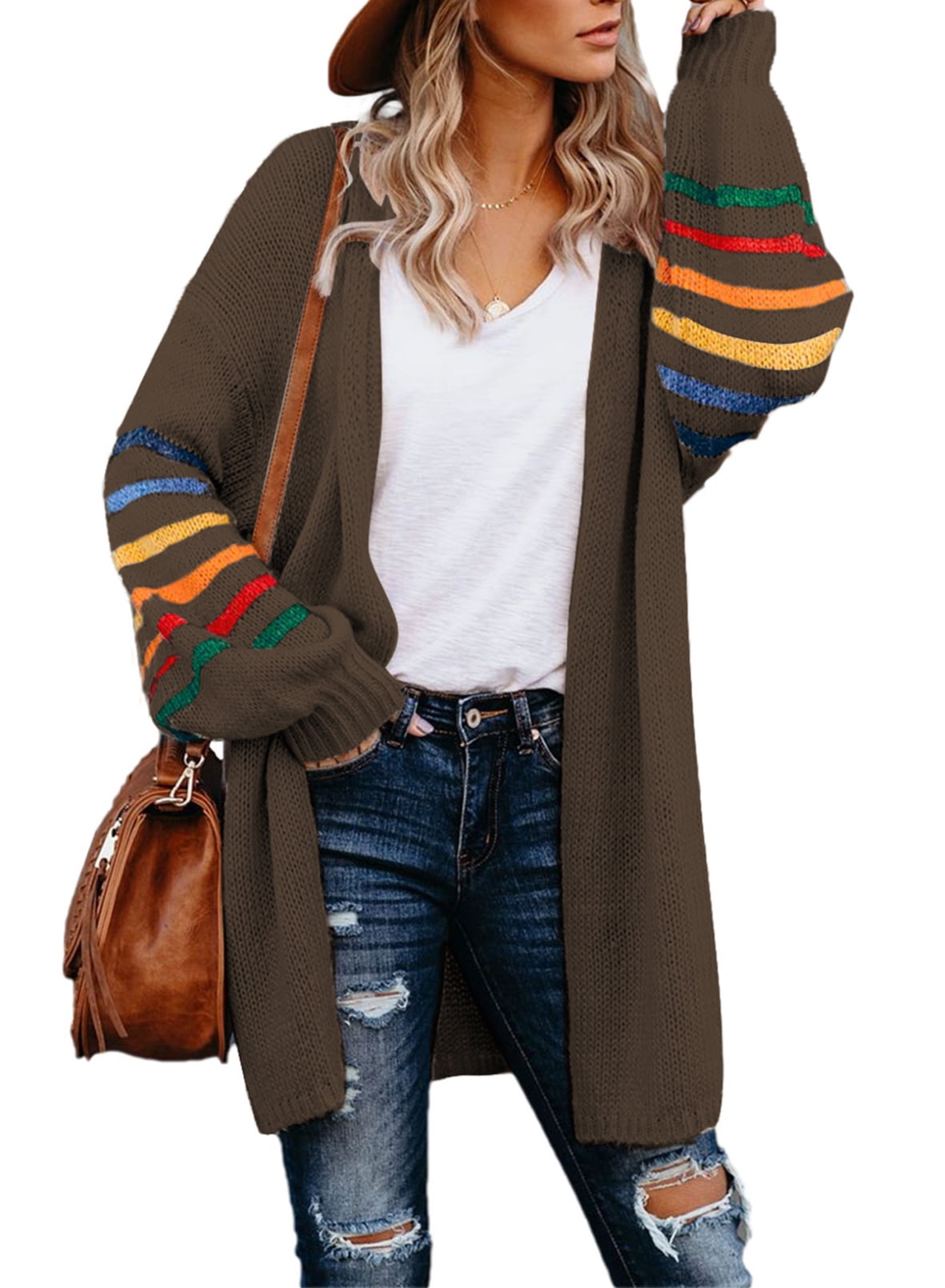 Aleumdr Womens Brown Sweaters Coat Autumn Plus Size Knit Long Open ...