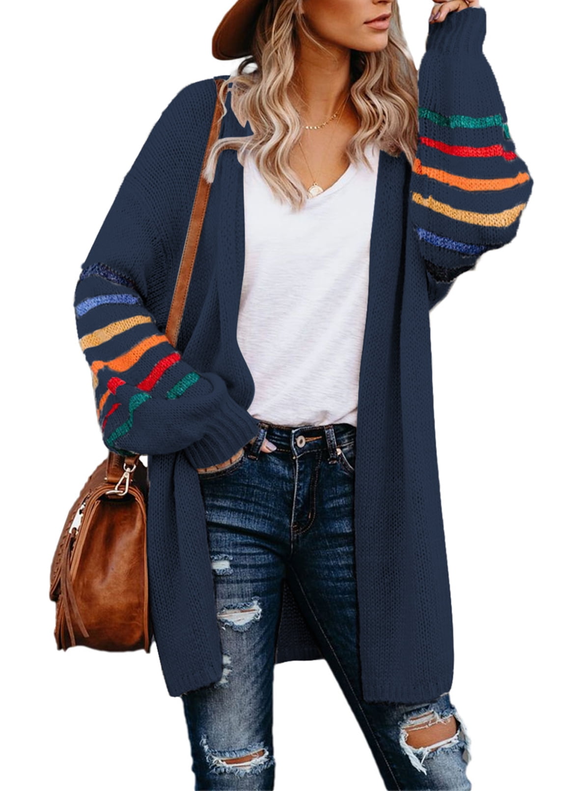 Aleumdr Womens Open Front Cardigan Stripe Knitted Lightweight Sweaters ...