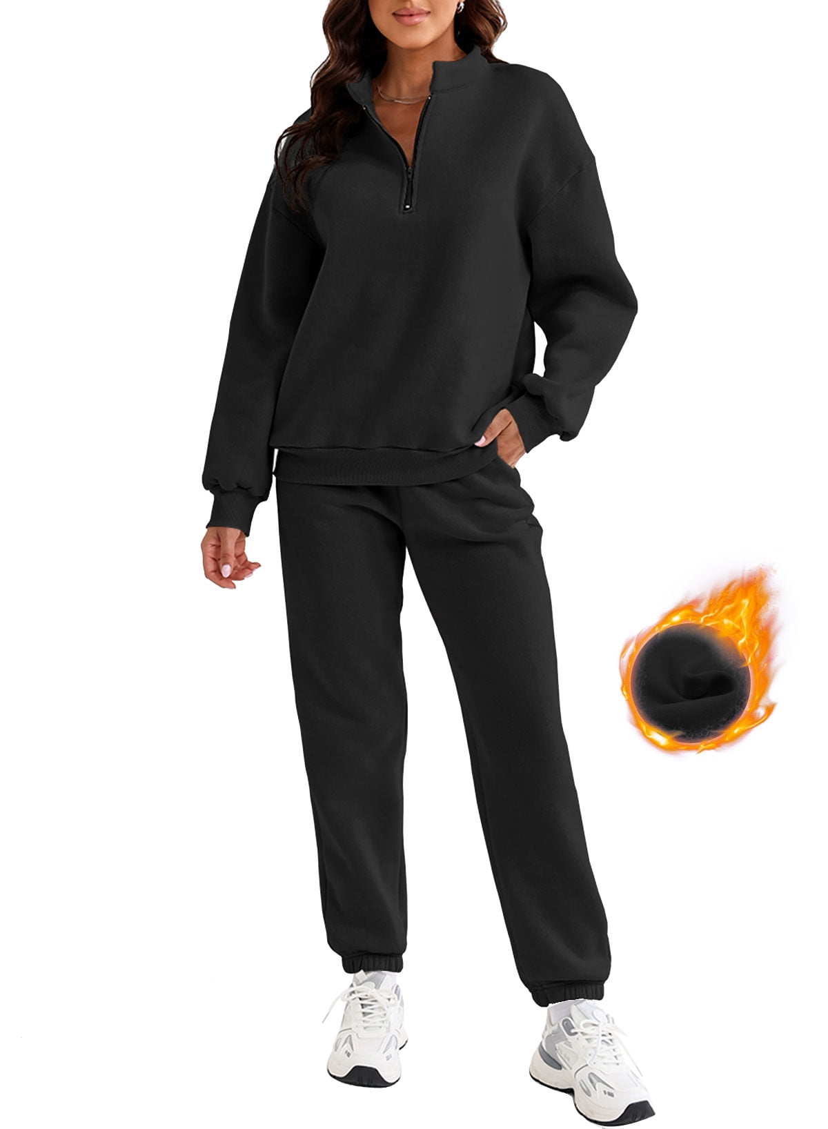 SHEWIN Womens Sweatsuits 2 Piece Outfits Fleece Lined Long Sleeve 1/4 ...