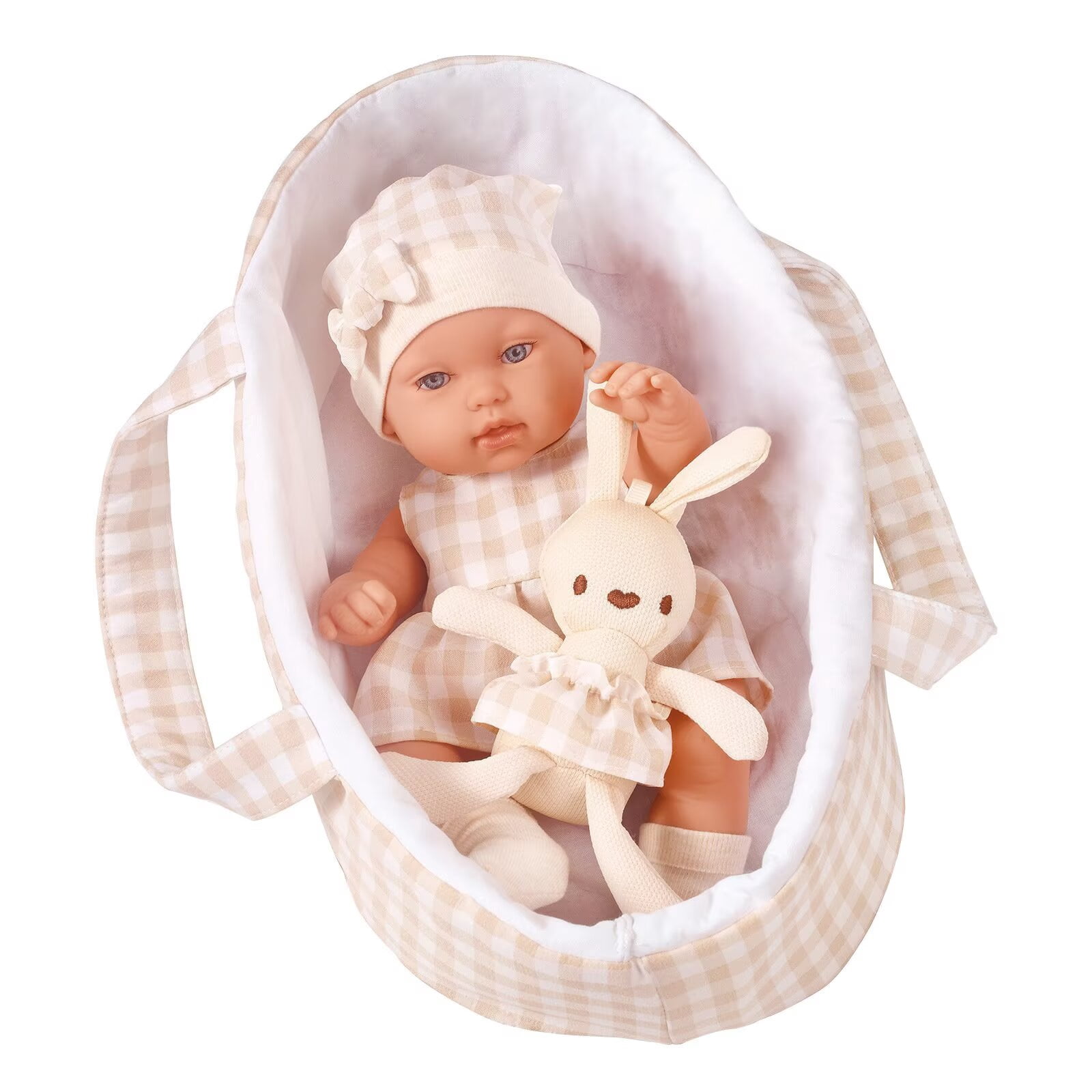 AlevRam 12 inch Poseable Baby Doll with Bunny Plush and Plaid Carry ...