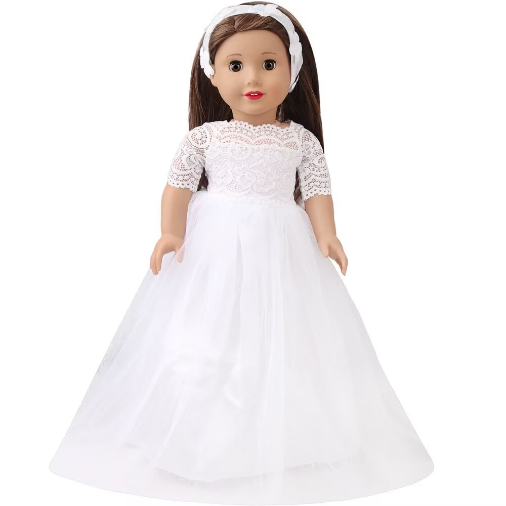 AlevRam 18"Doll Wedding Dress with Headband, White Lace Princess Outfit ...