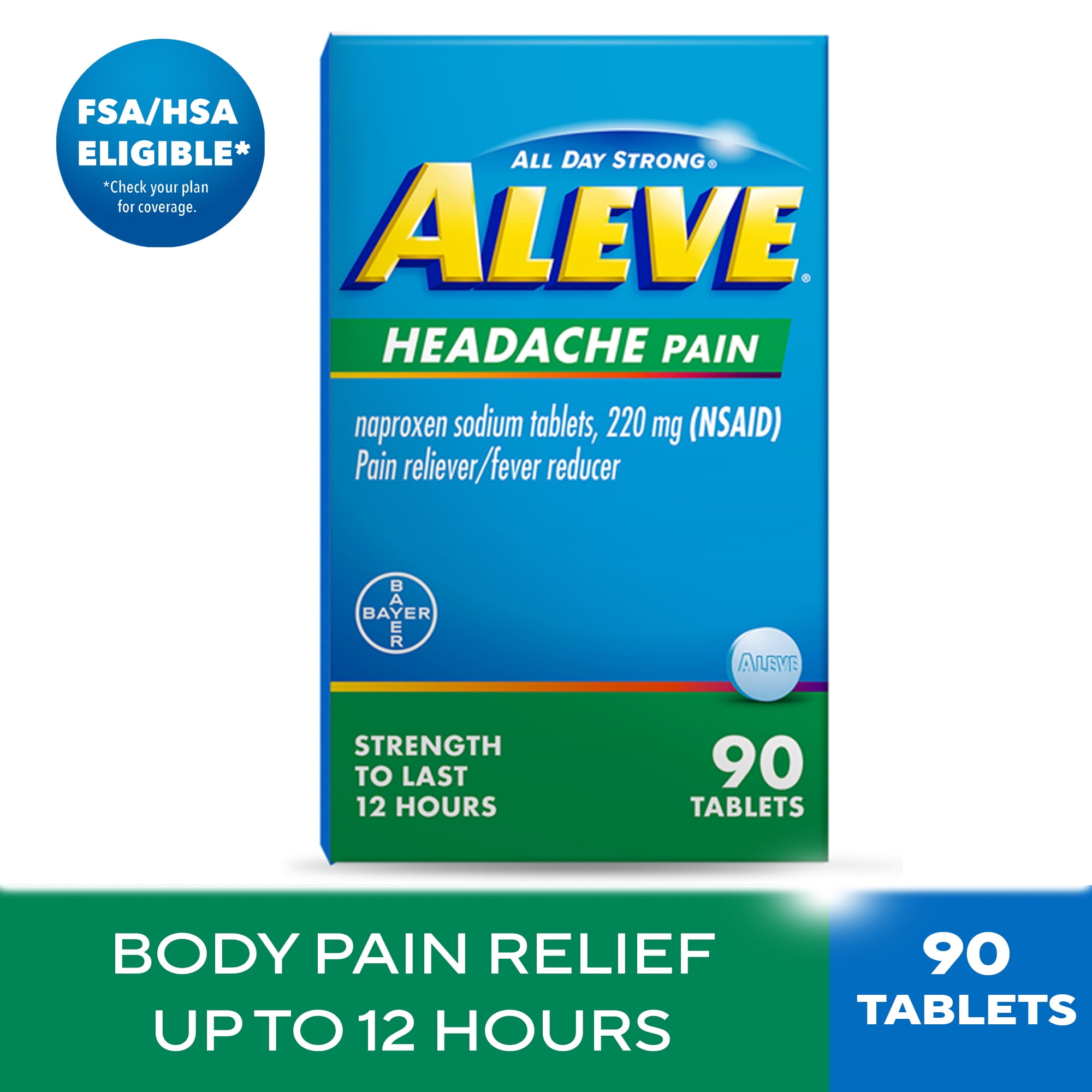 Aleve Headache Pain Reliever Naproxen Sodium Tablets, 90 Count HSA/FSA ...