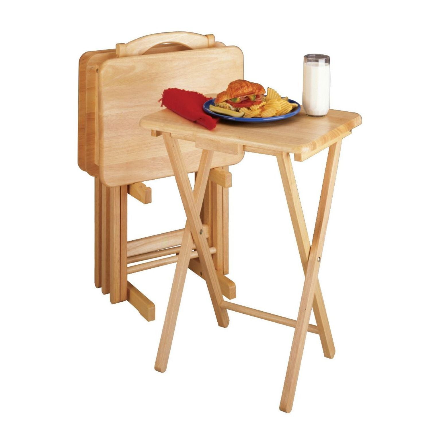 Alex 5-PC Snack Table Set Natural - Folding TV Trays with Storage Rack ...