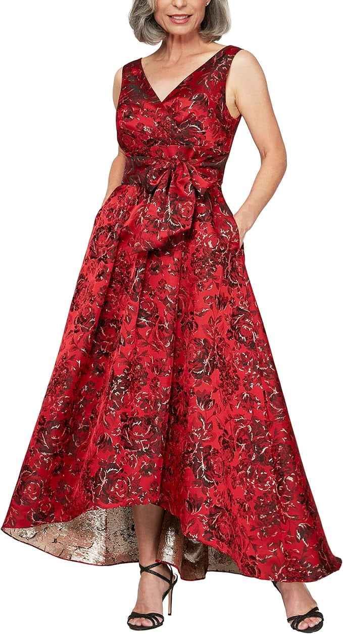 Alex Evenings RED MULTI Women's Long Printed Ballgown with Tie Bow ...