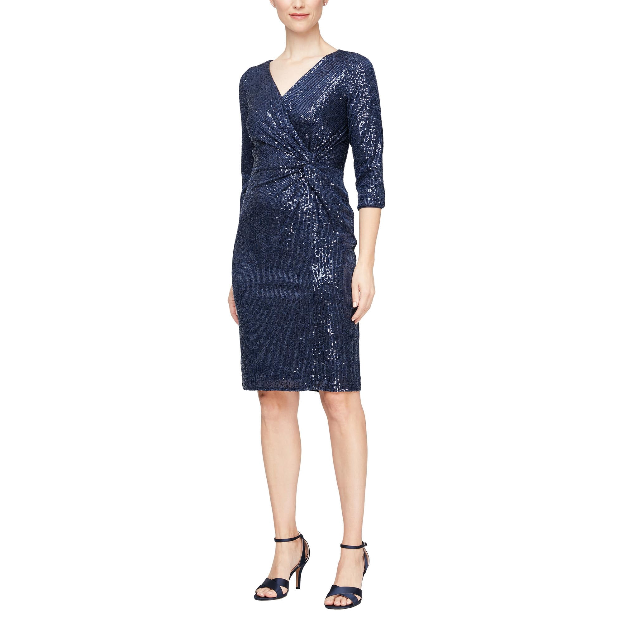 Alex Evenings Short Sheath Sequin Dress with Knot Front Detail and 3/F4 ...