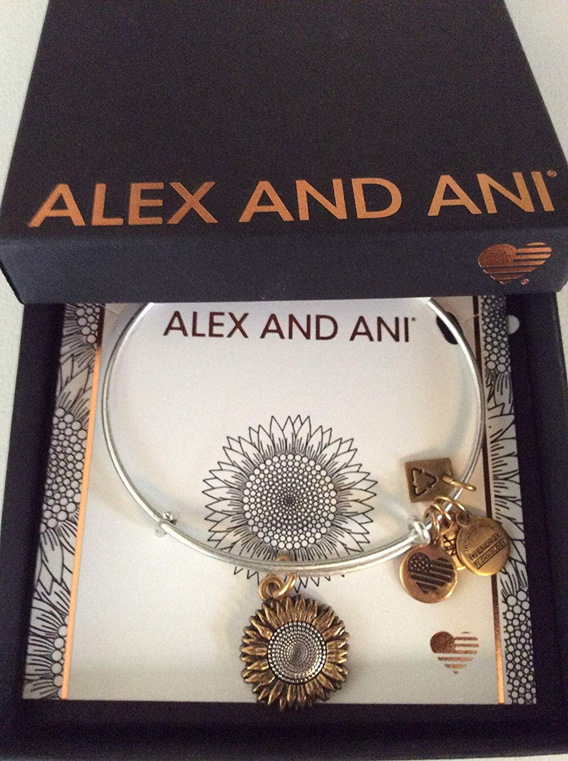 Alex and Ani Tokens Expandable Bangle for Women, Sunflower Charm, Two-Tone Finish, 2 to 3.5 in ...