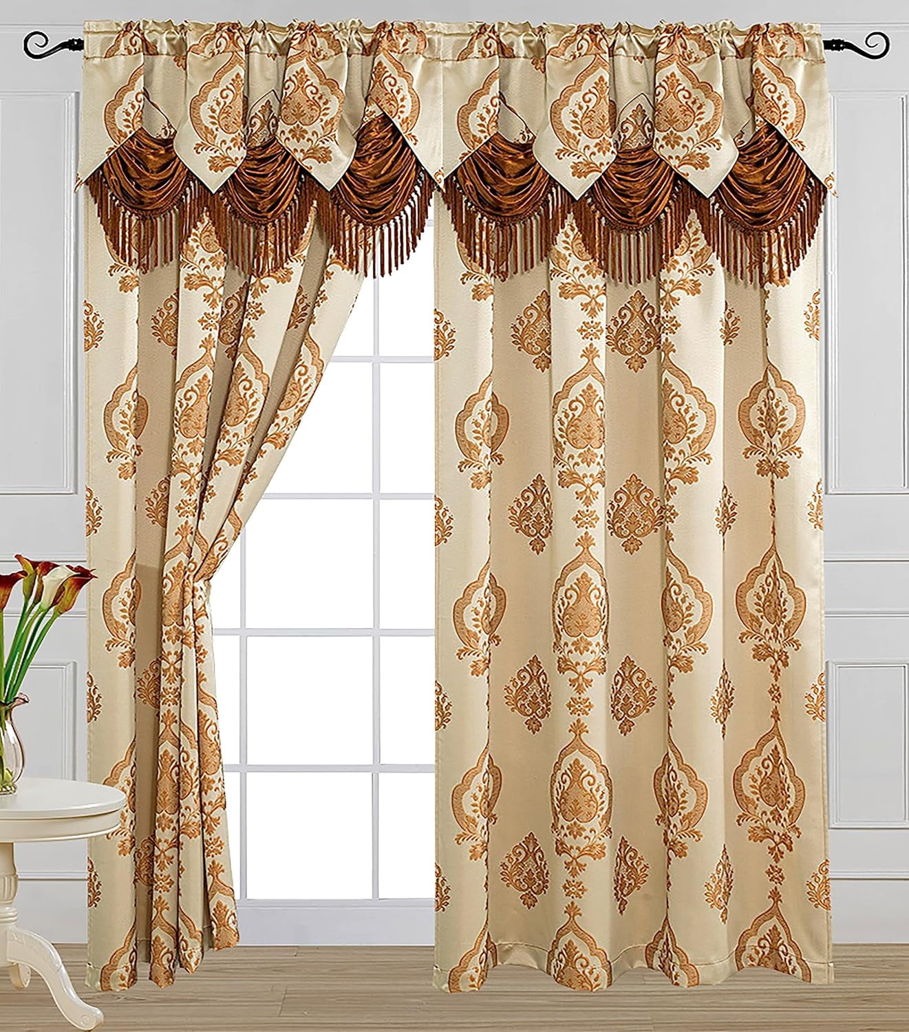 Alexa Luxury Jacquard Curtain Panel with Attached Waterfall Valance Size 54 by 84-Inch Dark ...