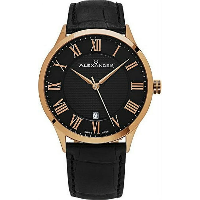 Alexander Statesman Triumph Rose Gold Swiss Made Black Leather Watch ...