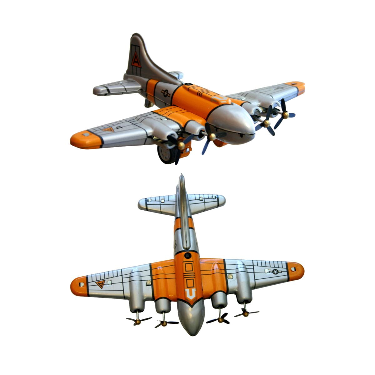 9" Orange and Silver Wind Up B-17 Style Bomber Airplane Collectible Tin ...