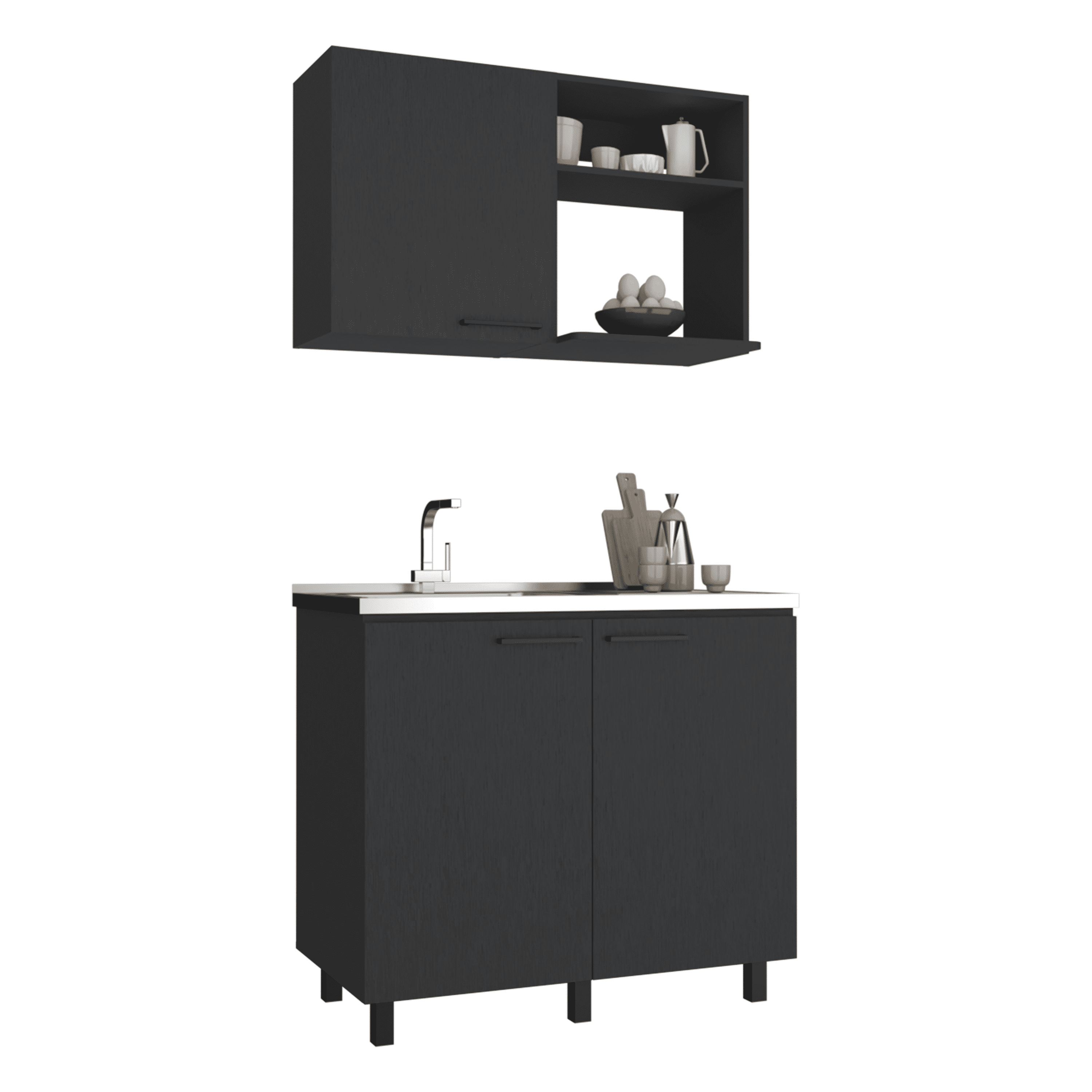 Alexandria 2 Piece Kitchen Set,Wall Cabinet+ Utility Sink,Black,Black ...