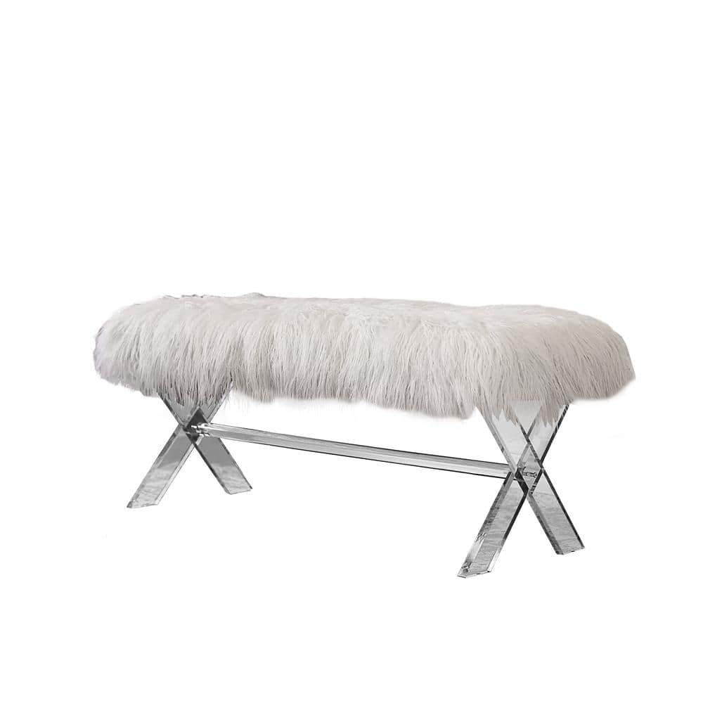 Alexandria 43 in. Cross X Leg White Fur Upholstered Bench/Ottoman ...
