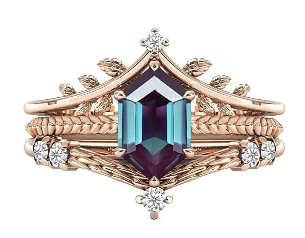 Alexandrite Engagement Ring Set 3 Piece, Leaf Deco - 1.72 Carat Hexagon ...
