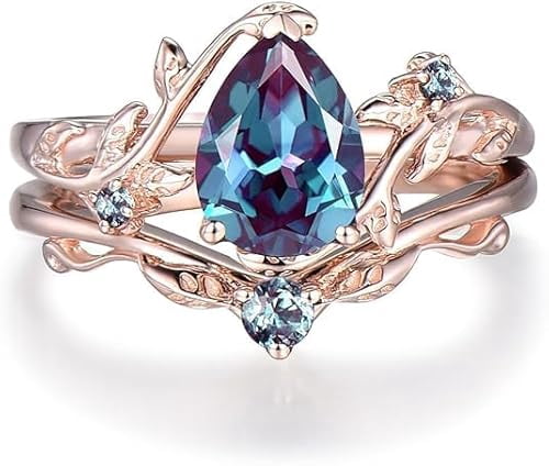 Alexandrite Engagement Ring Set Art Deco Leaf Wedding Ring Set 18k Gold ...