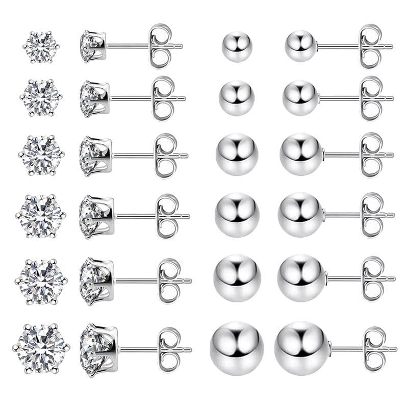 Alexcraft 12 Pairs Earrings Studs Set for Women Stainless Steel CZ Ball ...