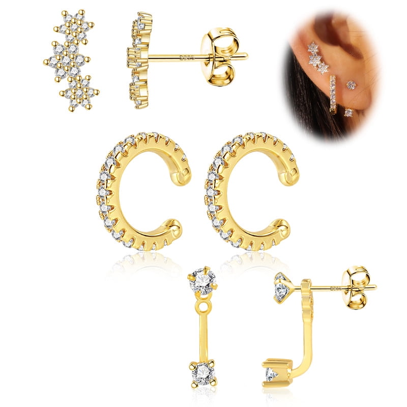 Alexcraft 3 Pairs Earrings Set for Multiple Piercing 14K Gold/Silver ...