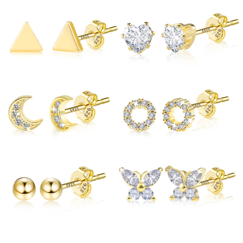 Alexcraft 6 Pairs Stud Earrings for Women 14K Gold/Silver Plated Ball Star Moon Cubic Zirconia ...