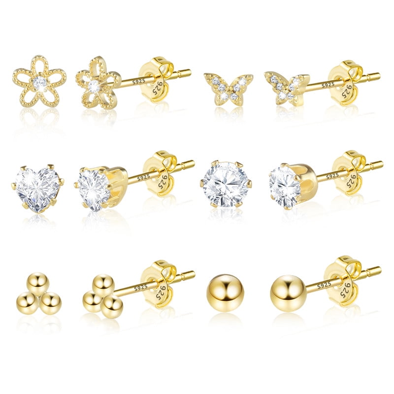 Alexcraft 6 Pairs Stud Earrings for Women 14K Gold/Silver Plated Ball ...