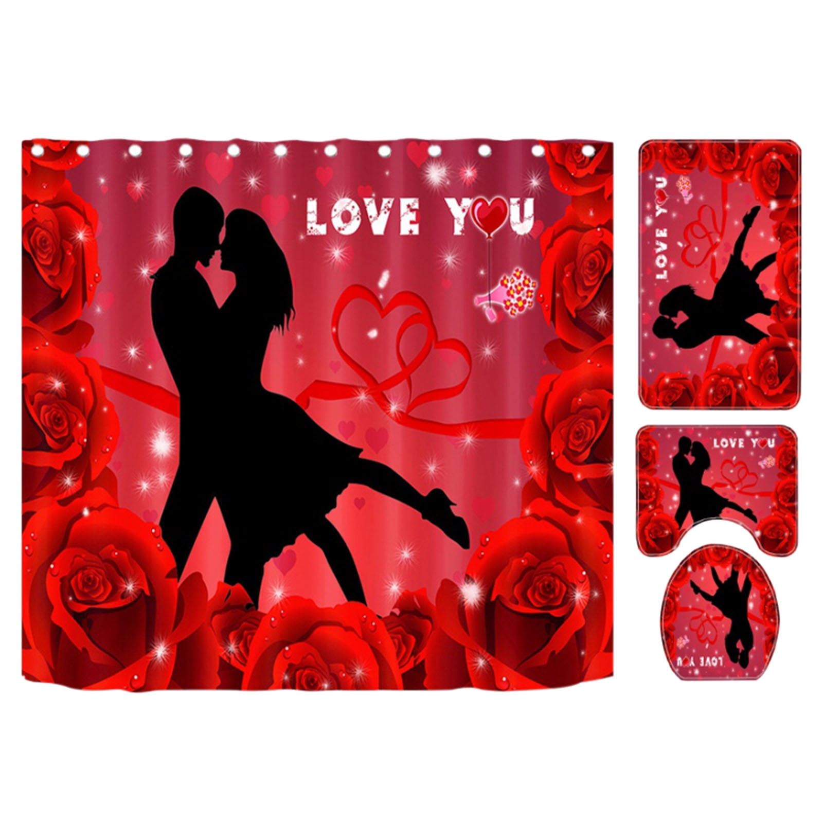 Alexda Valentine's Day 4 Pieces Shower Curtain Set with Rugs Red Rose ...