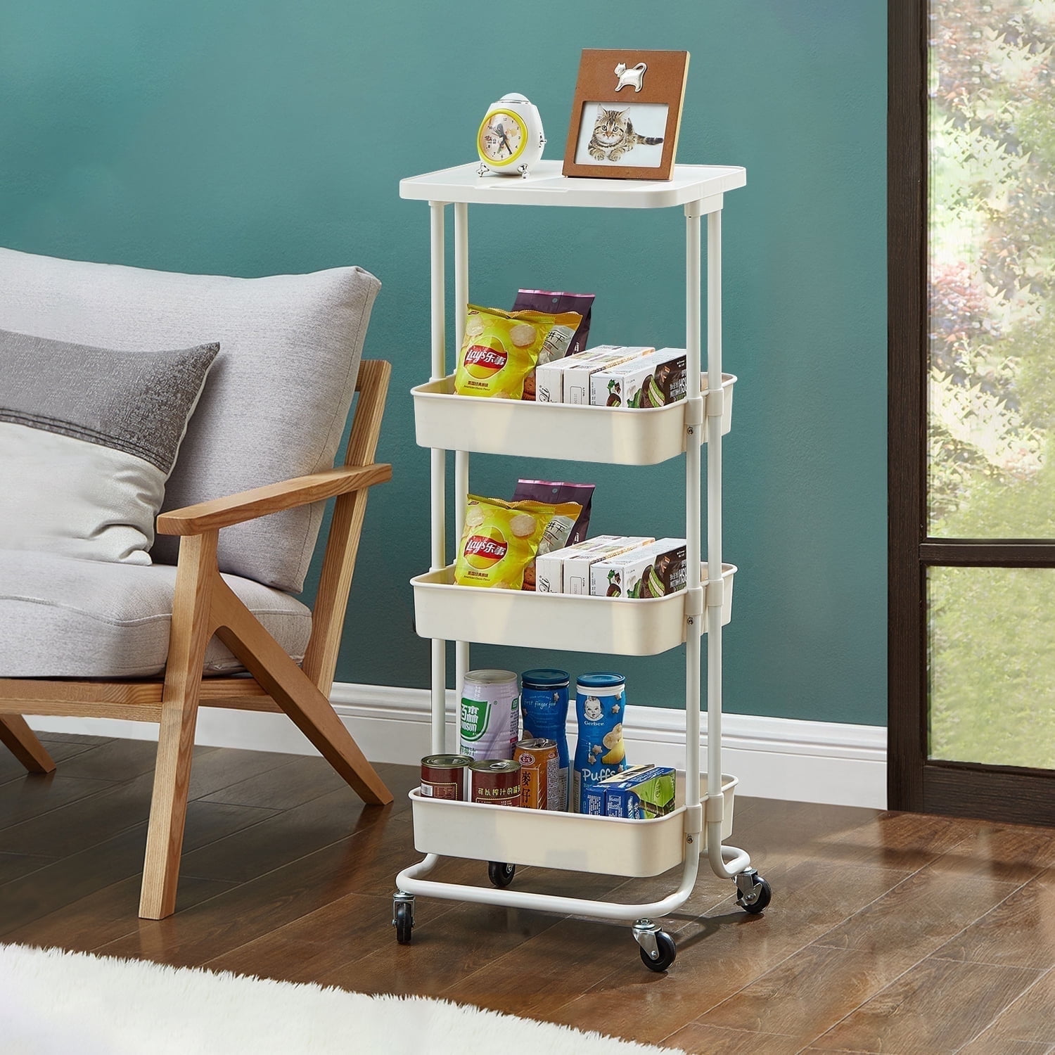 Alexent 3 Tier Plastic Rolling Utility Cart with Tabletop and 3 Plastic ...