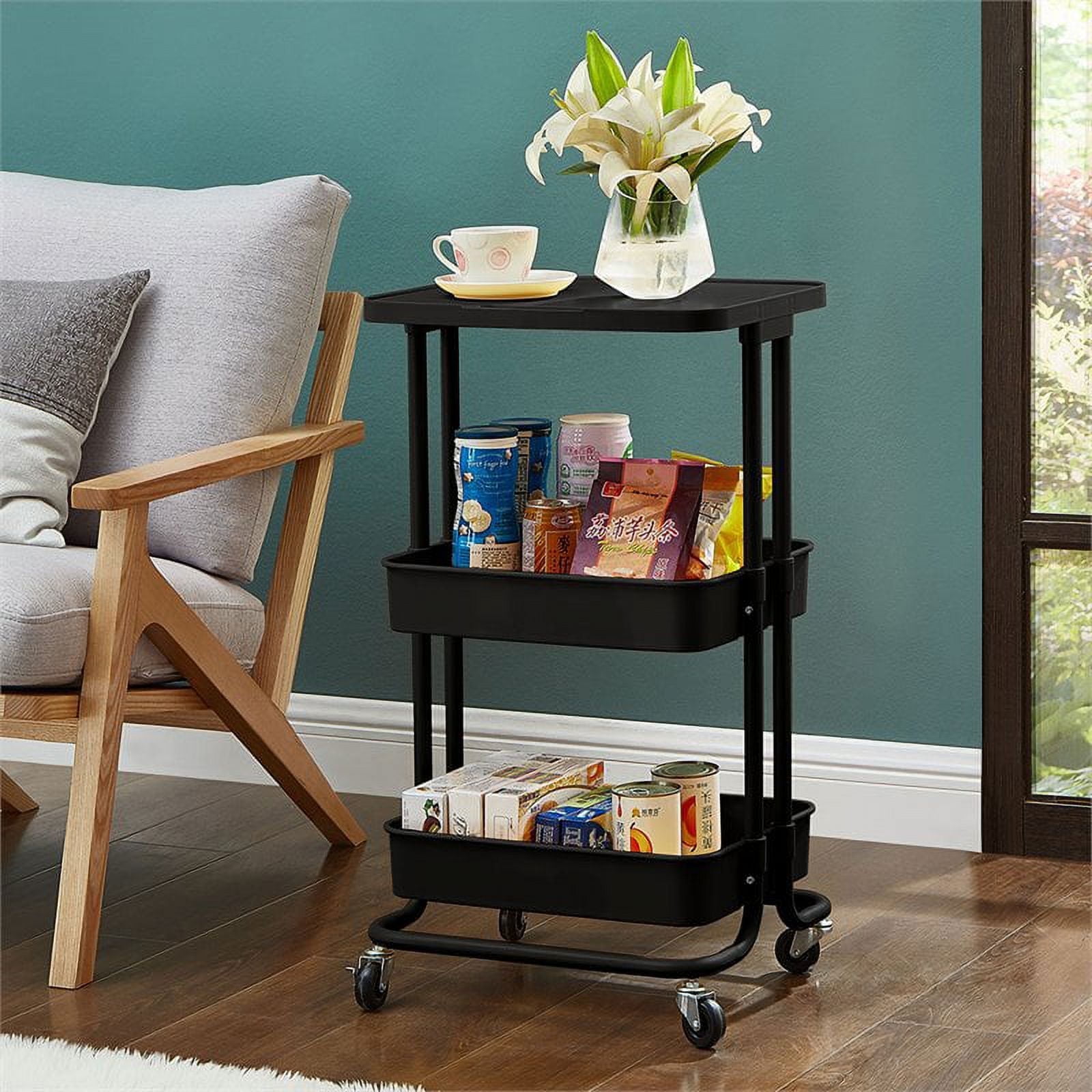 Alexent 3-Tier Rolling Storage Cart with Tabletop and Hanging Cup ...