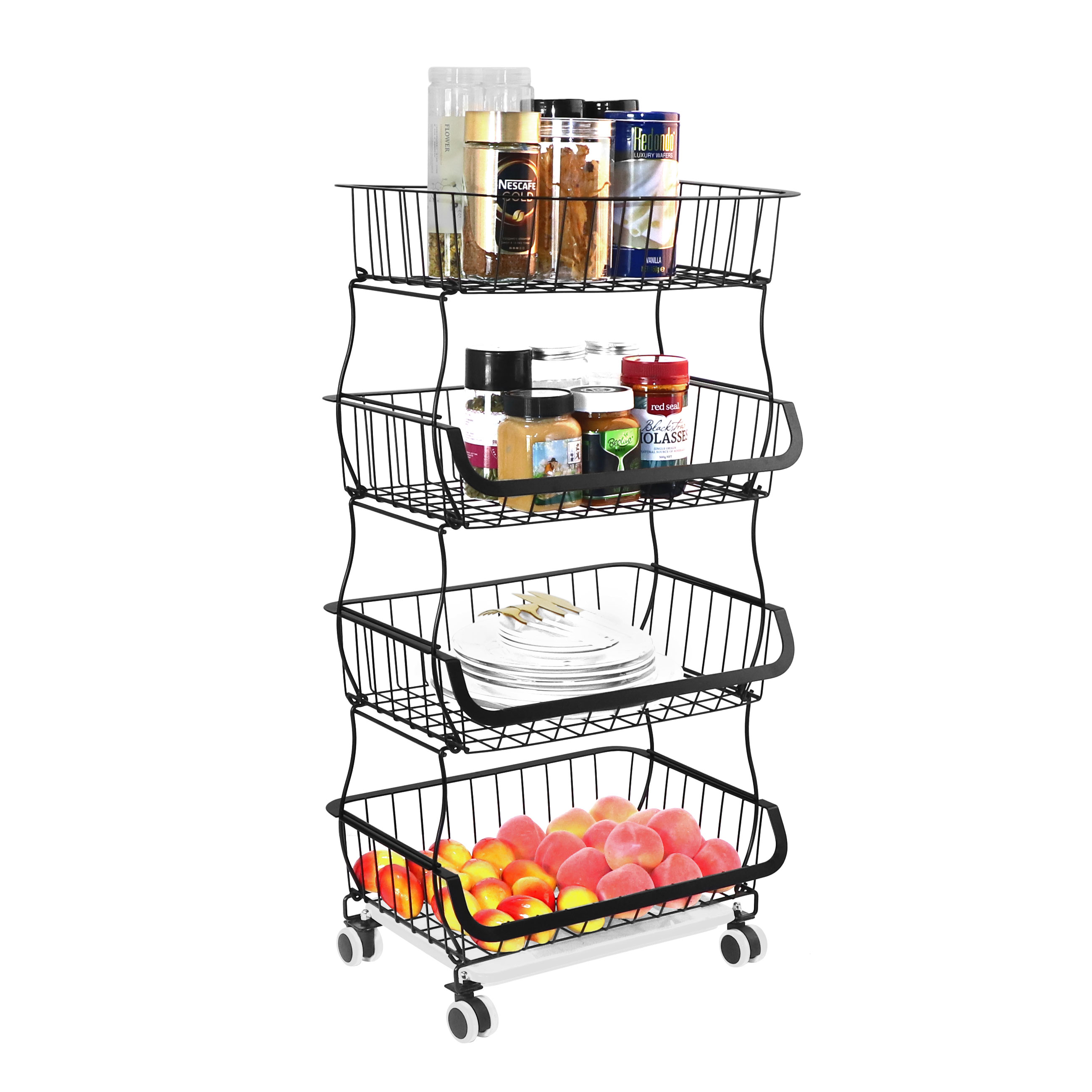 Alexent 4-Tier Rolling Stackable Baskets Wire Organizer Basket With ...