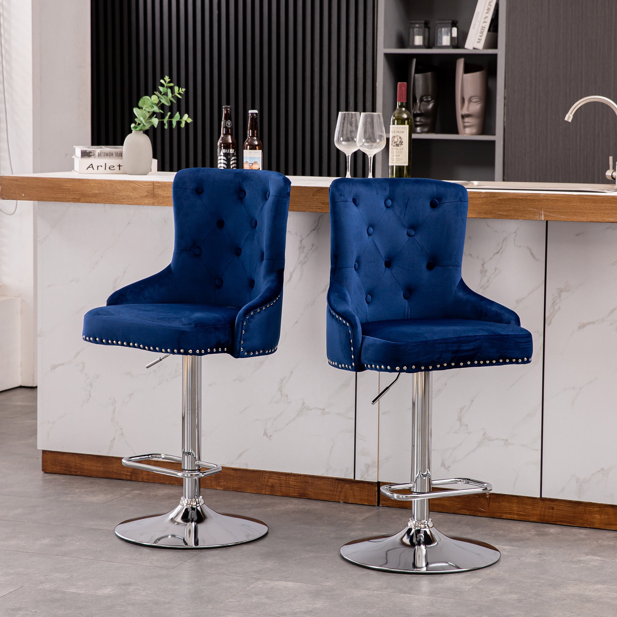 Alexent Adjustable Velvet Swivel Bar Stool, Navy (Set of 3) - Walmart.com