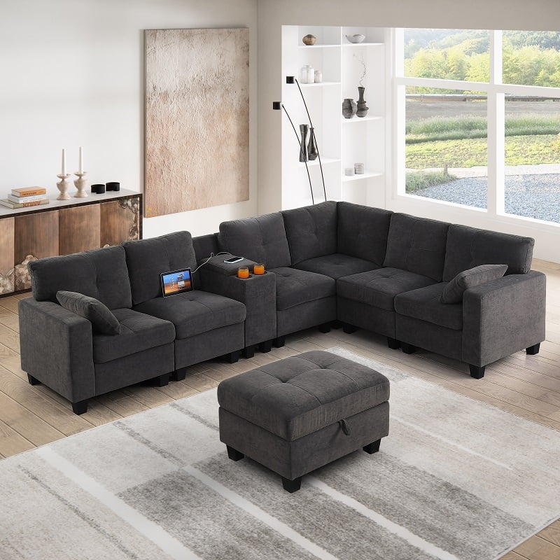 Alexent Sectional Sofa, 6 Seater Modular Sofa with USB Charging Corner ...